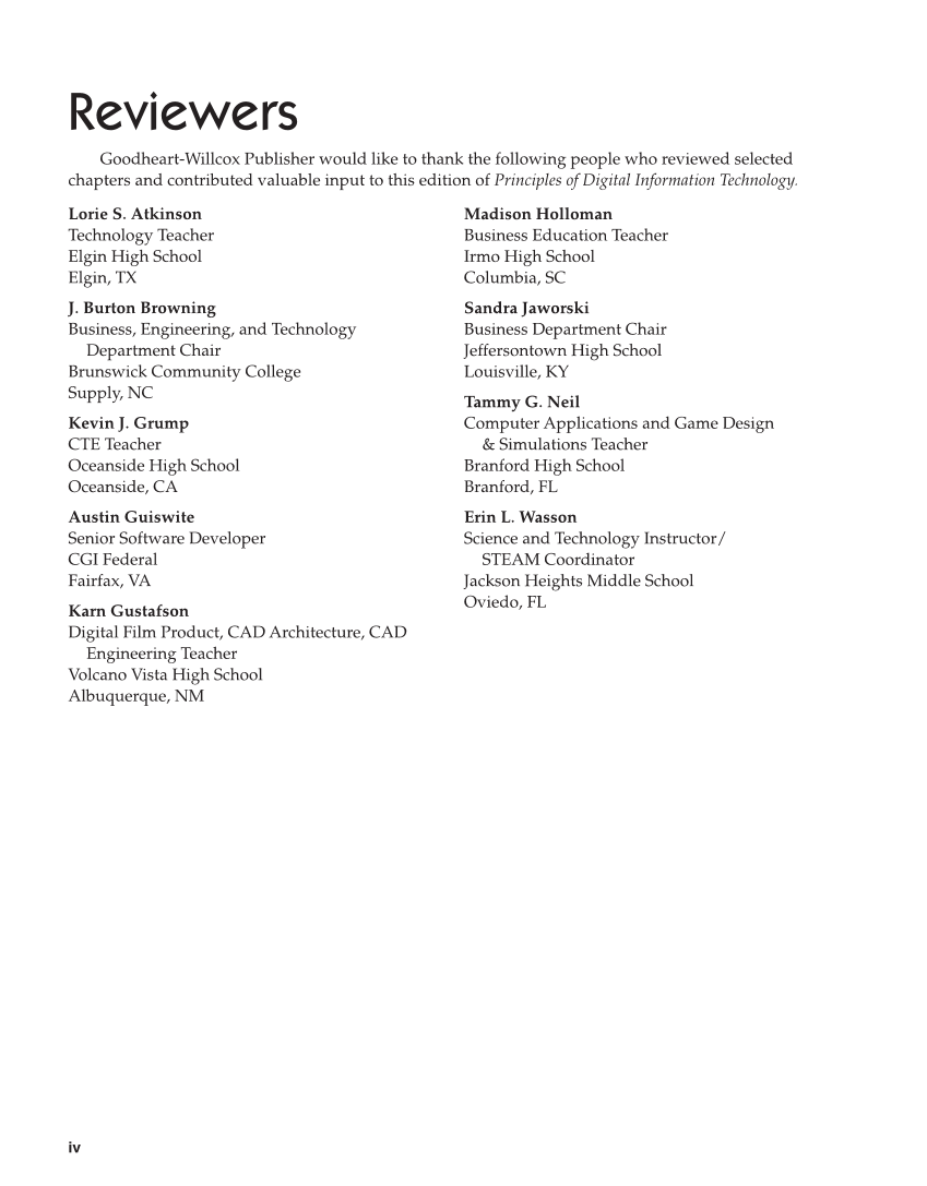 Principles of Digital Information Technology, 2nd Edition page iv